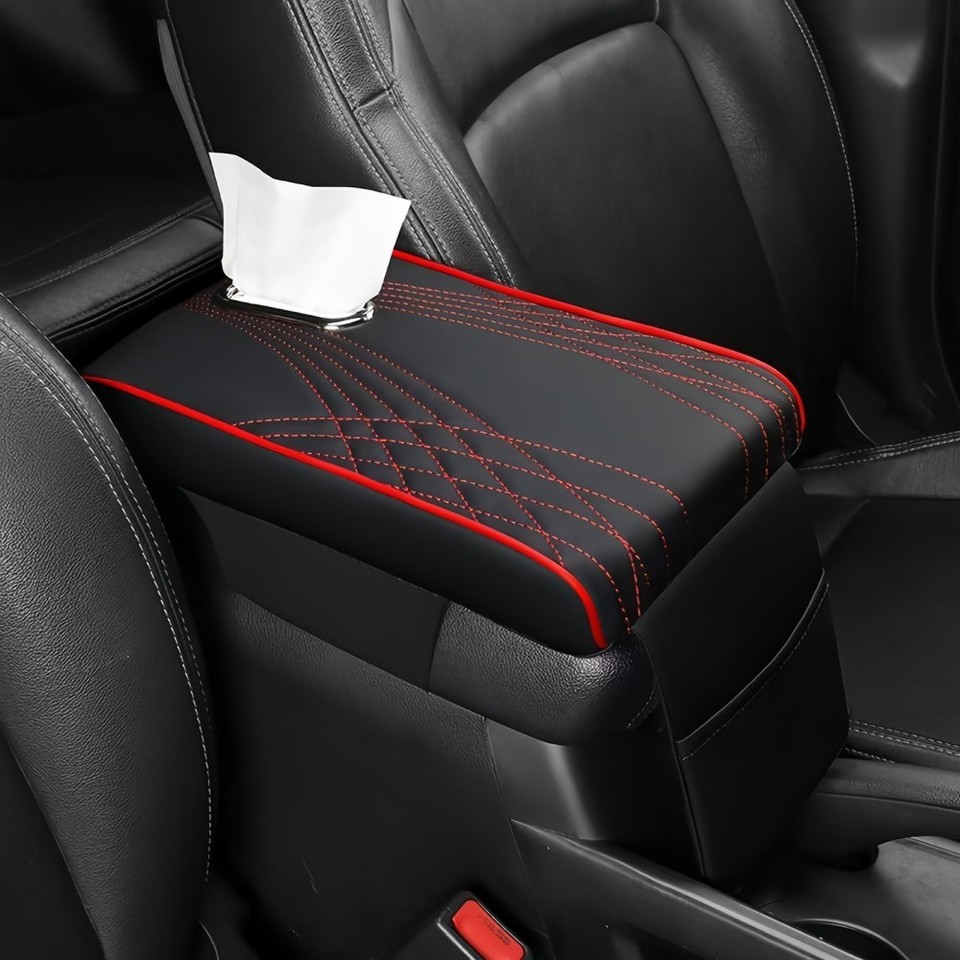 Car Armrest Cushion Cover Center Console Pad Mat w/ Pocket Tissue Box ...