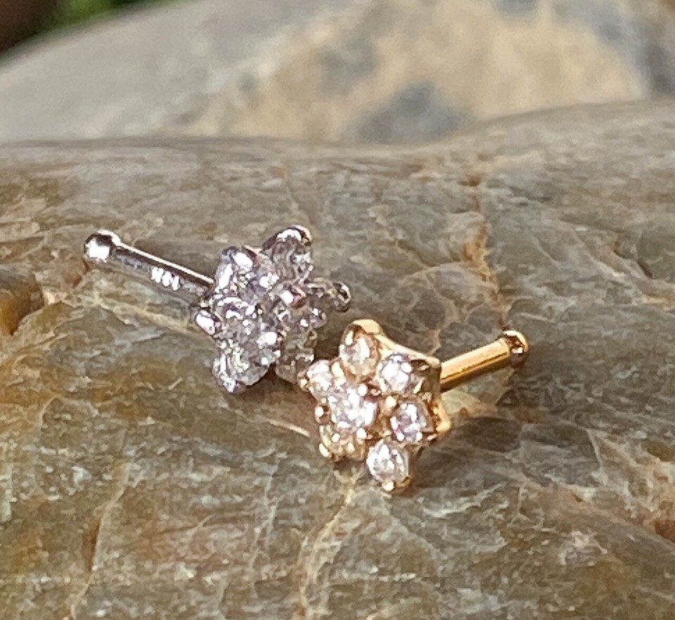 14kt Solid Gold Flower Nose Ring w/CZ Gems 20g 20 gauge stud screw bone ...