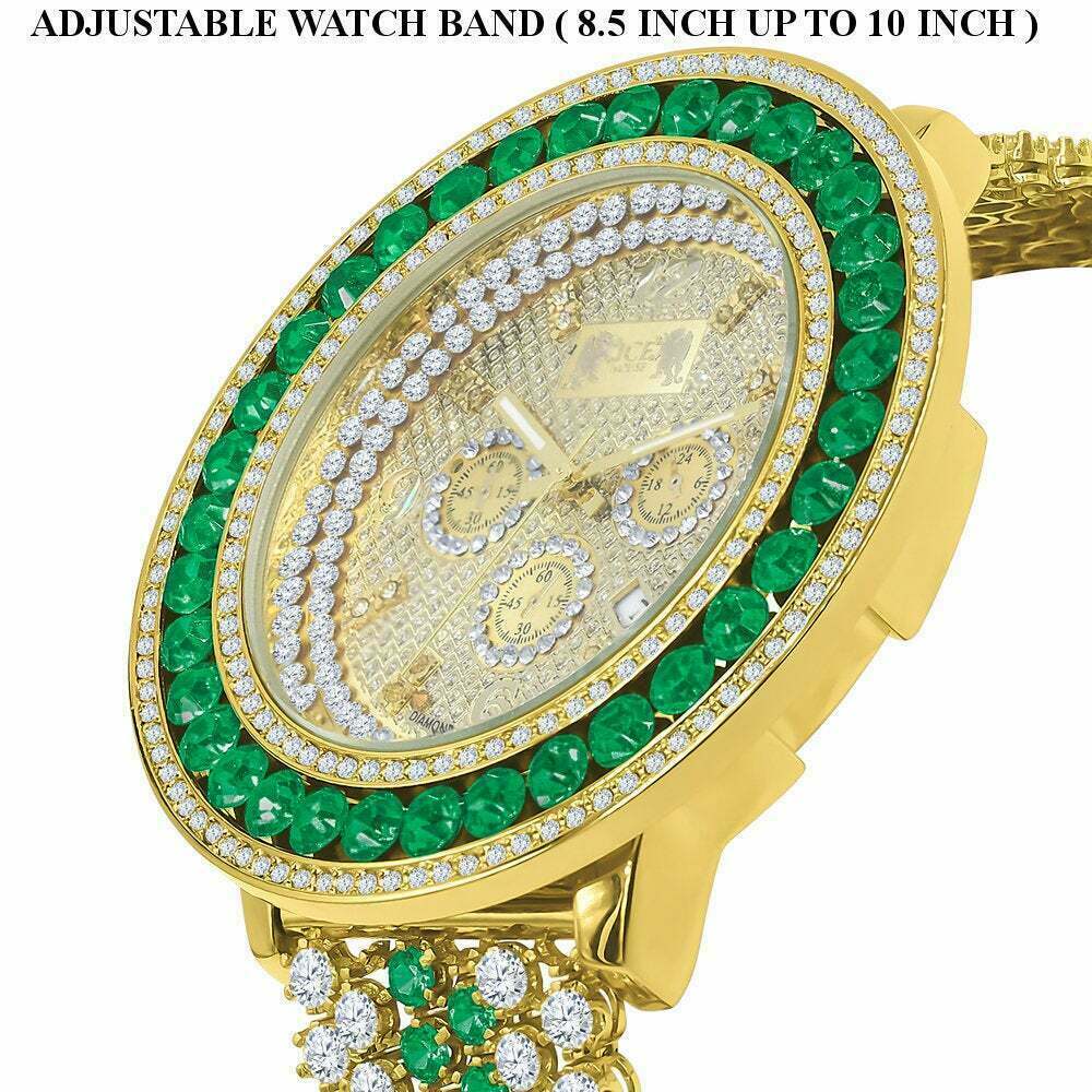 Real Diamond Dial Watch Emerald Green Yellow Gold Finish W/Date ...