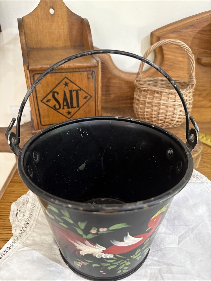 VTG Hand Painted Tole Pail Bucket Bird Folk Art Shabby Country Farm ...