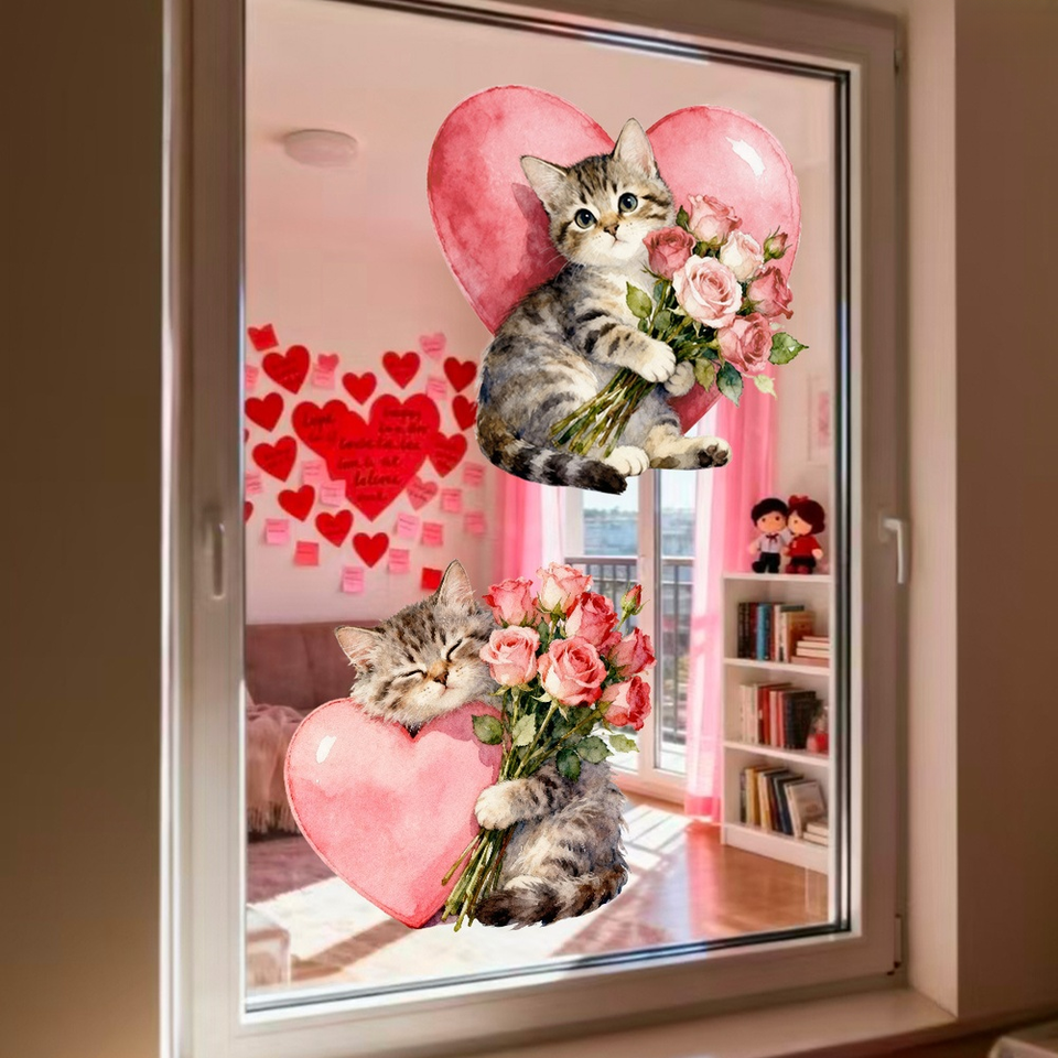 Cute Cat Heart Window Stickers Decorative Clings for Living Room Wall ...