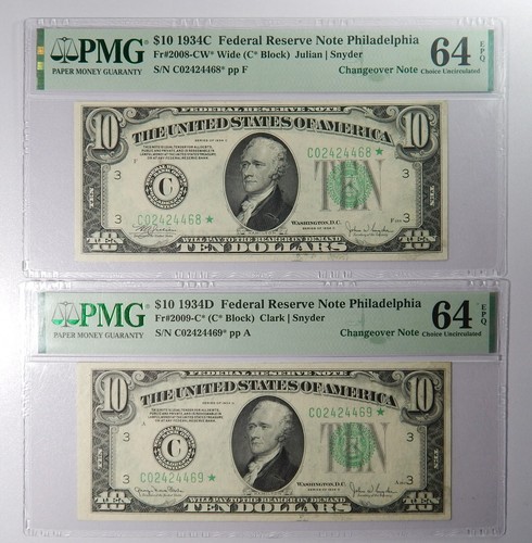 1934C/D $10* Philadelphia Changeover Star Pair PMG 64 EPQ Fr. 2008-CW ...
