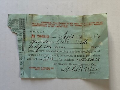 1897 Singer Manufacturing Company Sewing Machine Receipt for Payment ...