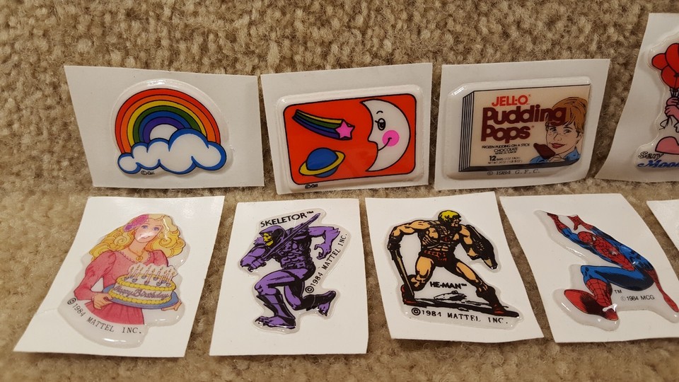 10 Puffy Stickers 1984 He Man Skeletor Spiderman Barbie Alvin Chipmunks ...
