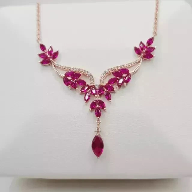 3Ct Marquise Cut Lab-Created Red Ruby Drop Necklace 14K Rose Gold ...
