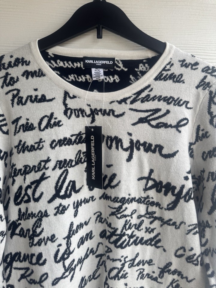 Karl Lagerfeld White Sweater Women's M Black Writing All Over English ...