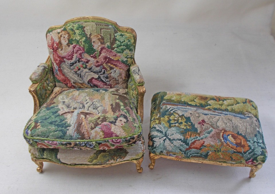 Dolls house ANTIQUE PETITE POINT CHAIR AND STOOL BY WALTON MARBLE ...