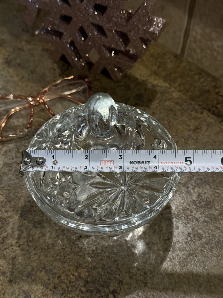 Vintage Clear Pressed Glass Candy Dish w Lid Starburst Floral Pattern ...