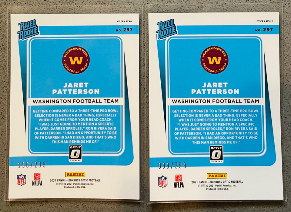 2 Lot 2021 Panini Donruss Optic 297 Jaret Patterson /299 Wave Prizm ...