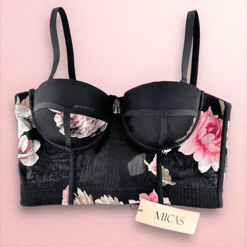 NEW Micas Black & Pink Floral Bustier Underwire Long Line Bra Corset ...