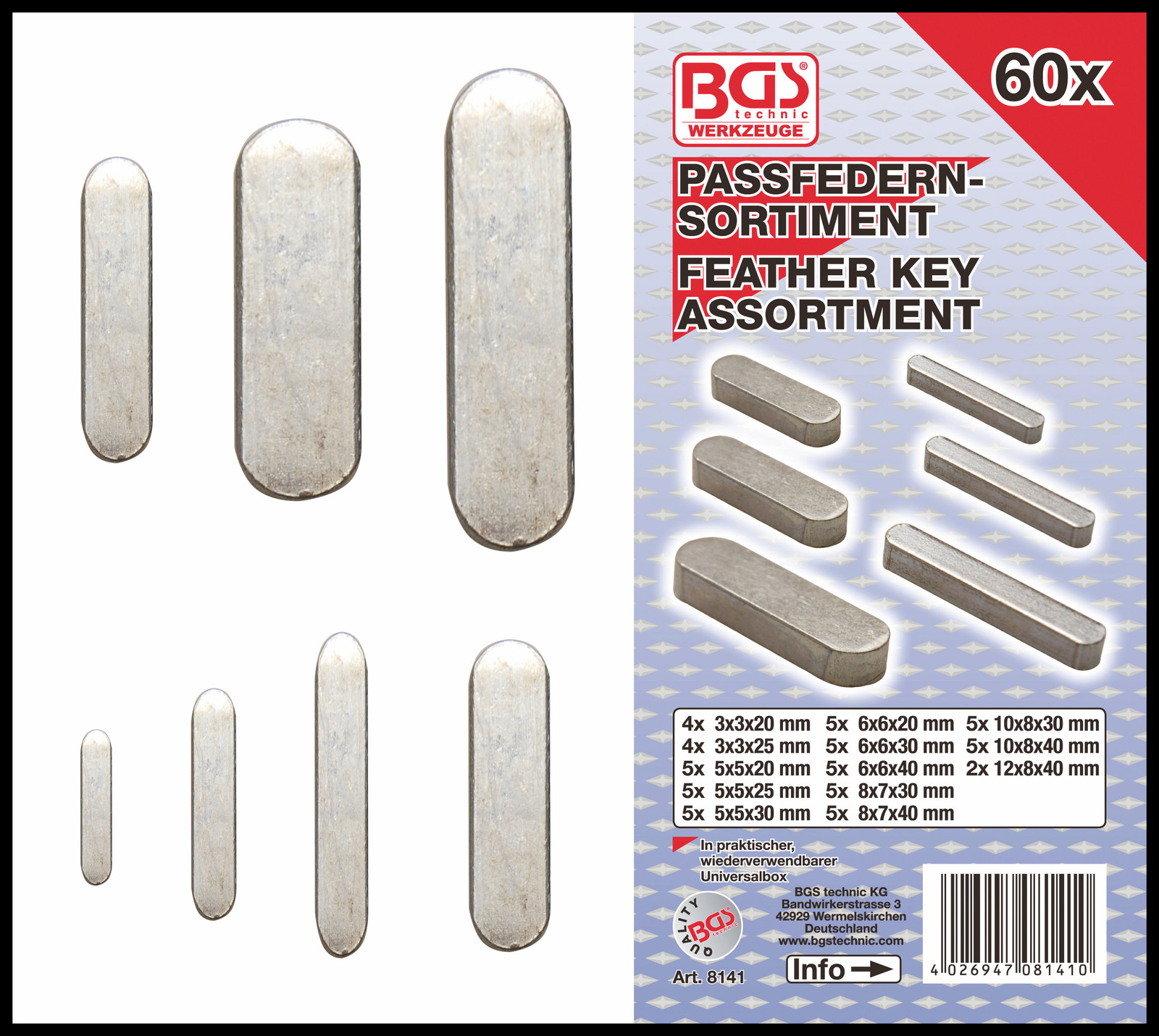 BGS - Feather Key Assortment For Fitting Hubs & Shafts - 60 Pcs - 8141 ...