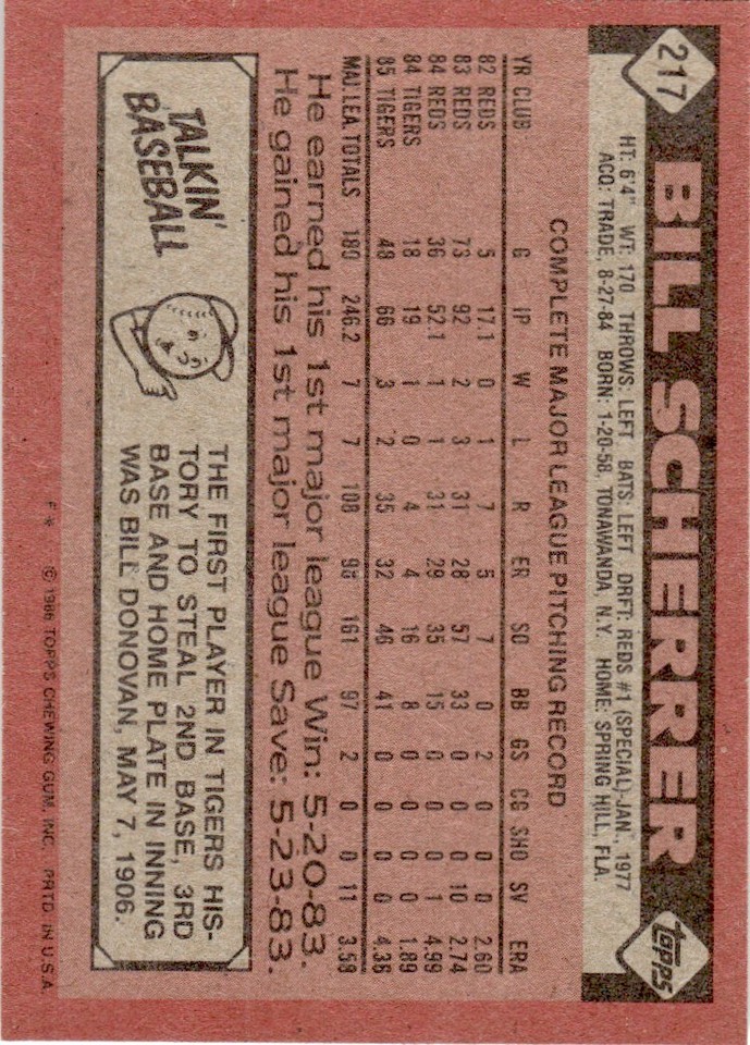 1986 Topps Bill Scherrer Detroit Tigers #217 | eBay