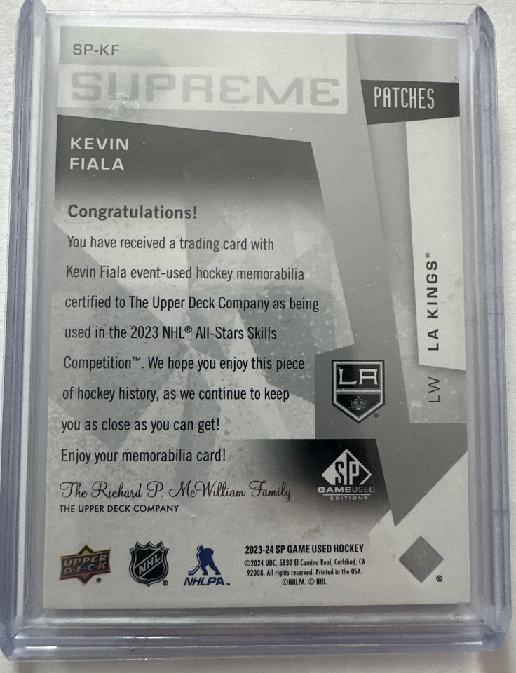 2023-24 SP Game Used Supreme Patches KEVIN FIALA SP-KF LA KINGS #’d 08/ ...