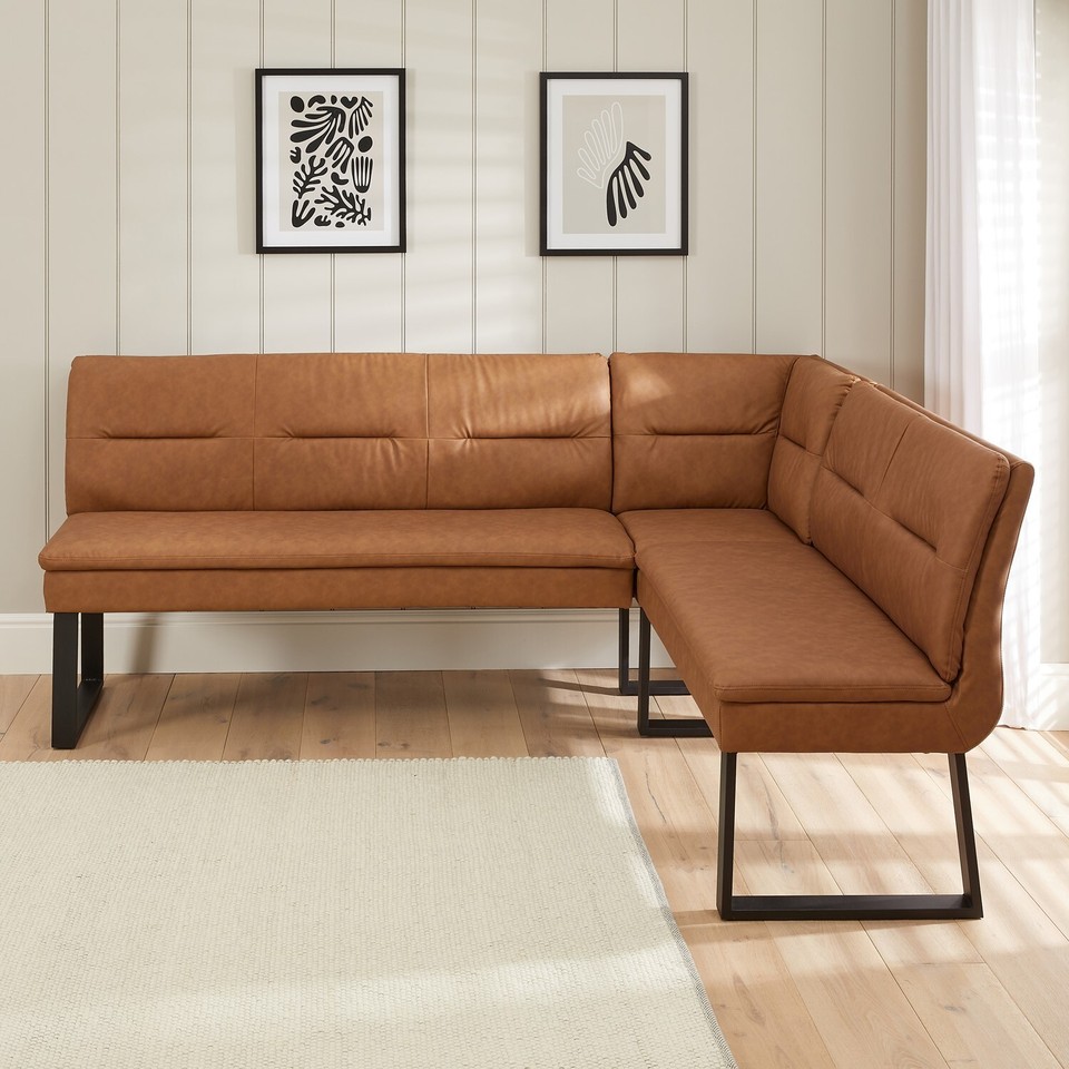 Corner Dining Bench Bronx Industrial Tan Brown Faux Leather Kitchen ...