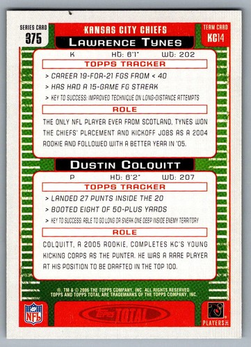 2006 Topps Total #375 Lawrence Tynes, Dustin Colquitt Kansas City ...