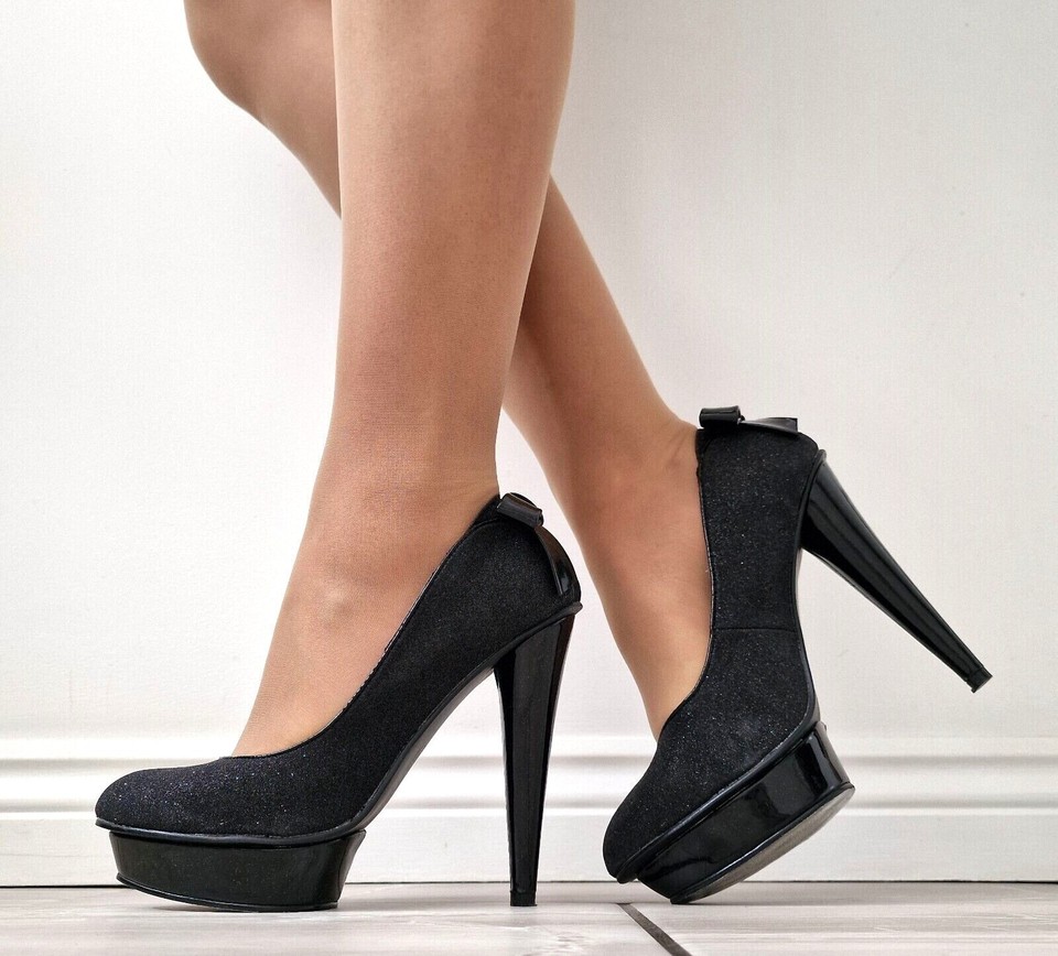 Ladies Platform Court Shoes High Stiletto Heel Sandals Black Shimmer ...