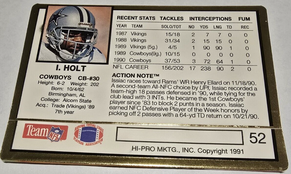 Issiac Holt, 1991 Action Packed, Dallas Cowboys, Cornerback, Card # 52 ...