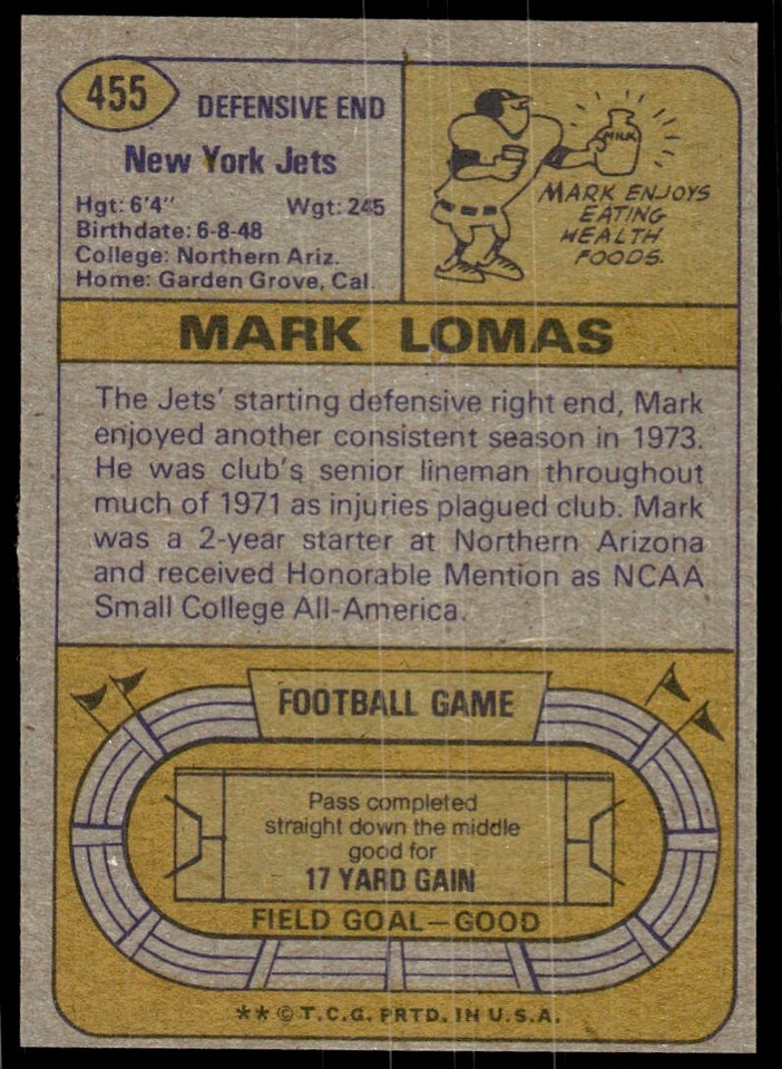 1974 TOPPS MARK LOMAS B NEW YORK JETS #455 | eBay