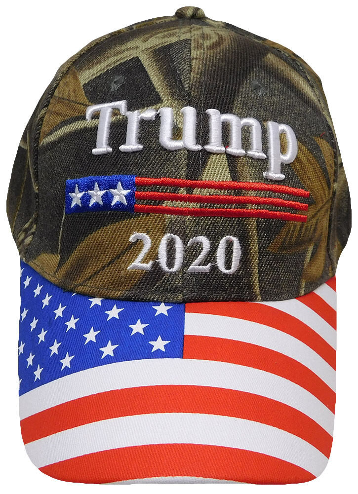 Trump 2020 USA Flag Patriotic Bill Camo White 100% Cotton Embroidered ...