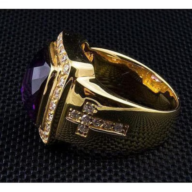 3.00 Ct Cushion Cut Simulated Amethyst Men's Bishop Ring 14K Yellow ...