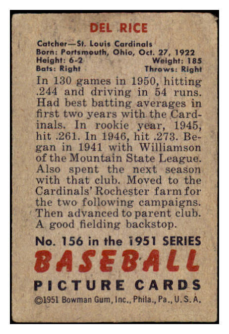 1951 BOWMAN #156 DEL RICE CARDINALS VG SET BREAK 488925 (KYCARDS) | eBay