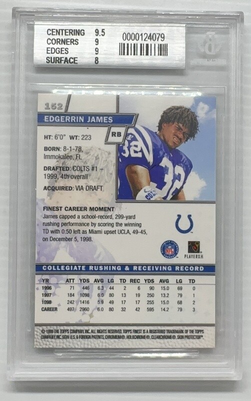 1999 Topps Finest Edgerrin James Rookie Card RC #152 BGS 8.5 NM-MT+ ...