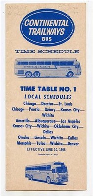 Continental Trailways Bus Time Schedule 1966 Time Table No 1 Local ...