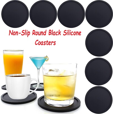 Non-Slip Round Black Silicone Coasters Non-slip Cup Mats Pad Drinks ...