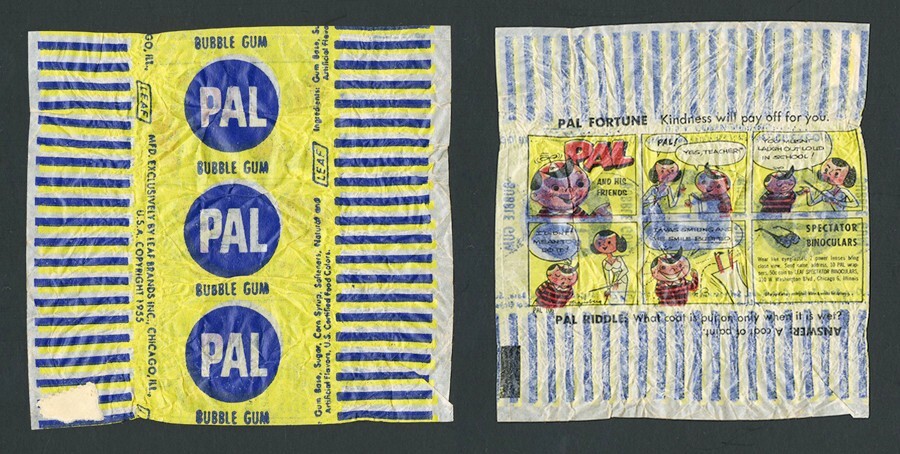 1955 LEAF PAL BUBBLE GUM WRAPPER RARE BLUE & YELLOW RIDDLE FORTUNE ...