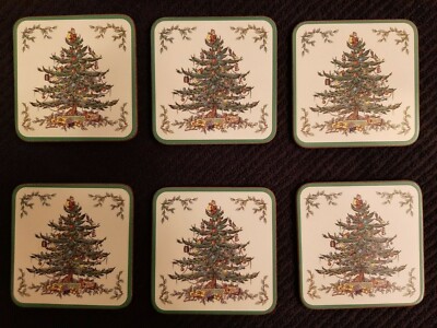 VINTAGE SPODE CHRISTMAS TREE CORK COASTER SET OF 6 IN ORG BOX MADE IN ...