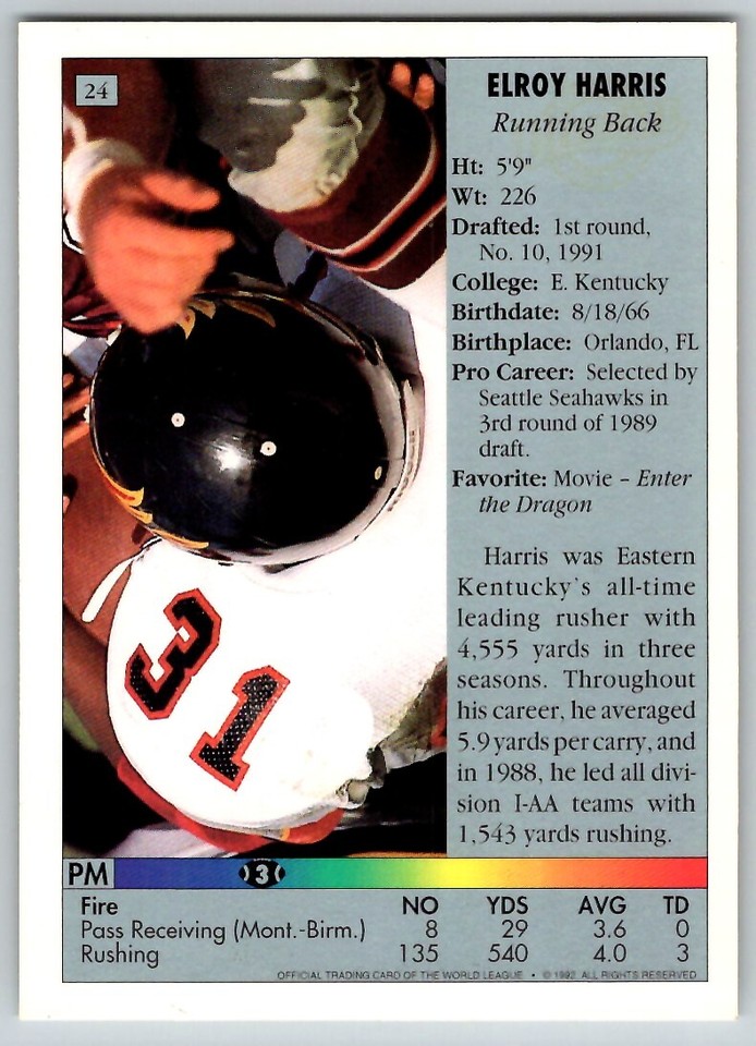 1992 ULTIMATE WLAF ELROY HARRIS BIRMINGHAM FIRE #24 | eBay