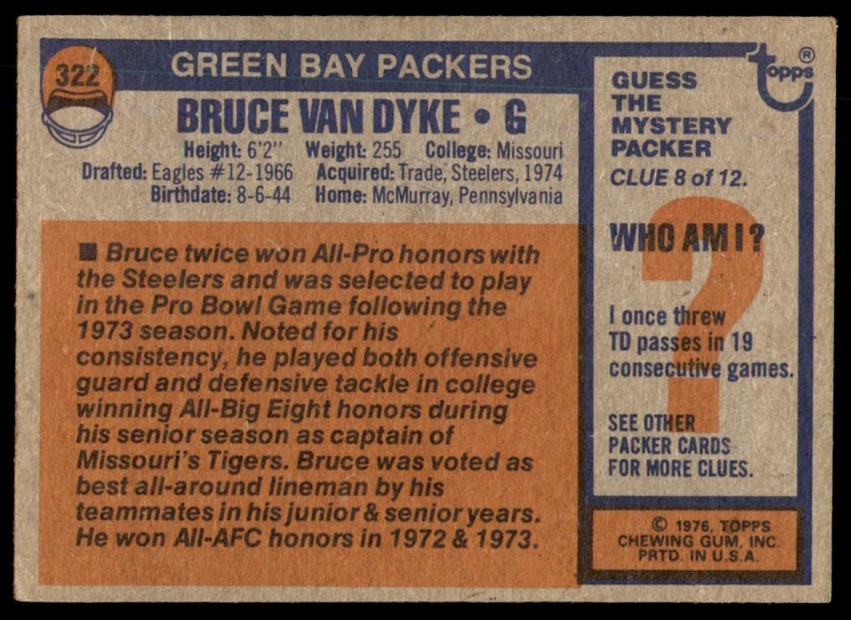1976 Topps Bruce Van Dyke B Green Bay Packers #322 EX | eBay