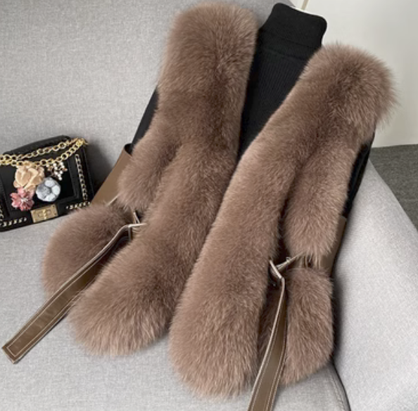 Women Real Fox Fur Vests Luxury Fluffy Gilet Leather Belt Waistcoat ...