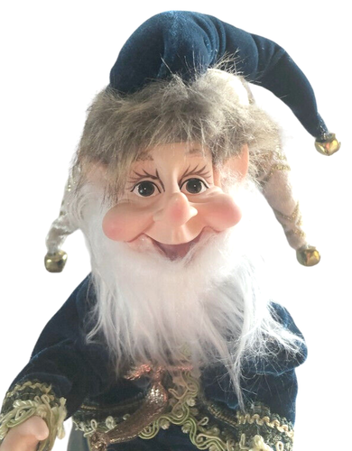 Christmas Elf Pixie Doll Braid Trim Posable Hanging Velvet Blue Gold ...