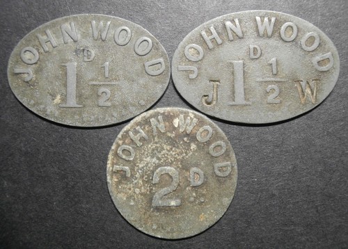 Trade tokens x3 - John Wood 1½d, another countersruck "JW", & 2d ...