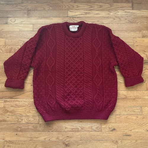 Irish Homecraft 100% Oiled Wool Aran Sweater XL Red Cable Knit Made in ...