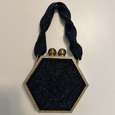 1940s Vintage Fre Mor 6 Sided Beaded Box Bag Purse Navy/Sea foam ...