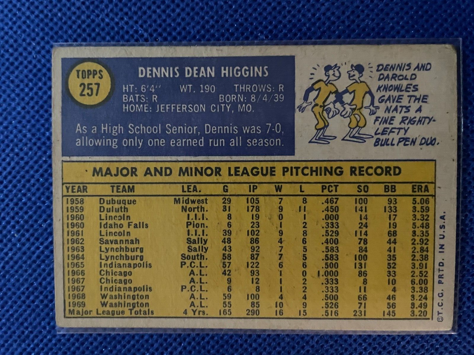 1970 TOPPS # 257 DENNIS HIGGINS | eBay