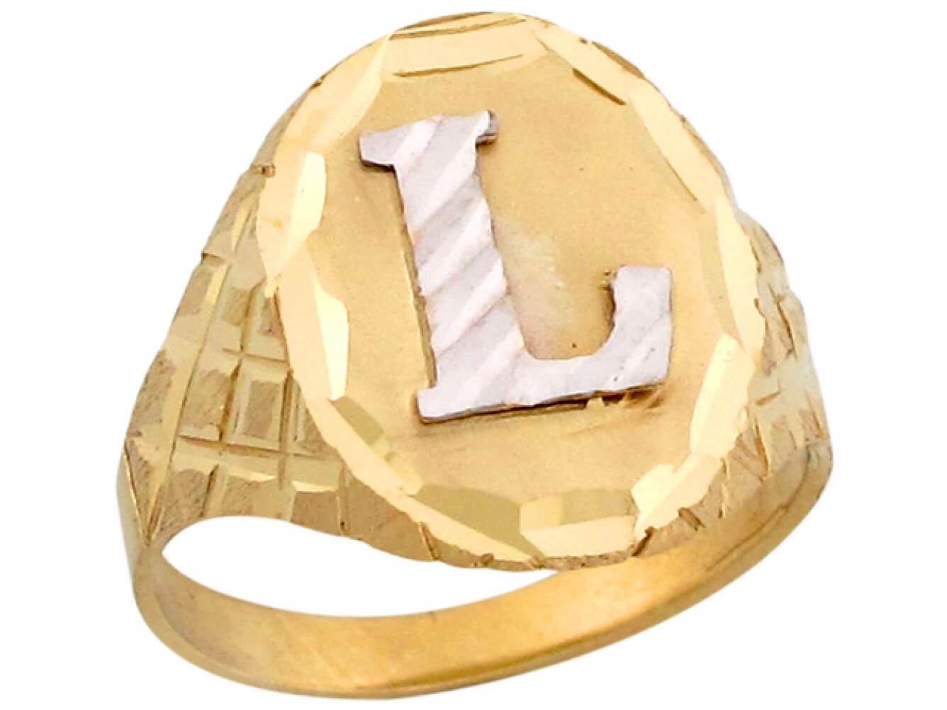 10k or 14k Two Tone Real Gold Letter L Classic Design Oval Initial Ring ...