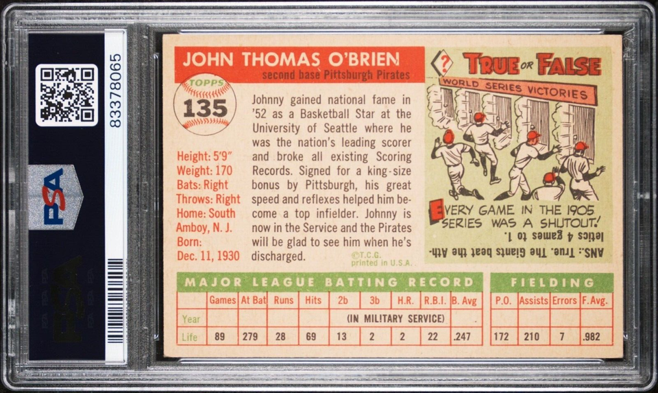 1955 Topps Baseball Card Johnny O'Brien #135 Pittsburgh Pirates PSA 6 ...