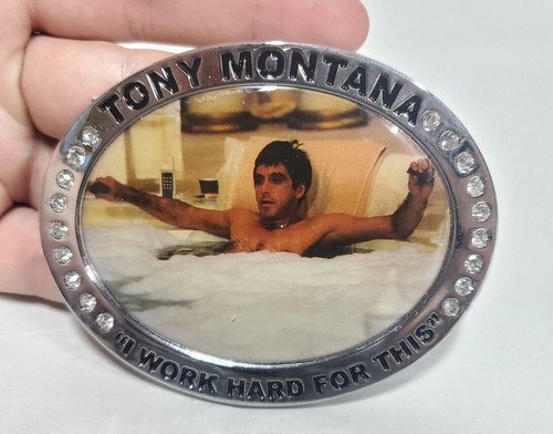 Tony Montana Scarface Movie RARE Metal Belt Buckle "I Work Hard For ...