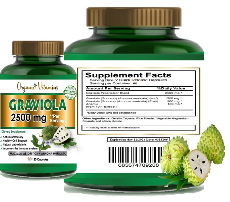 Graviola Extract 2500 mg 240 Capsules, Gluten Free, Soursop, in 2 pack ...