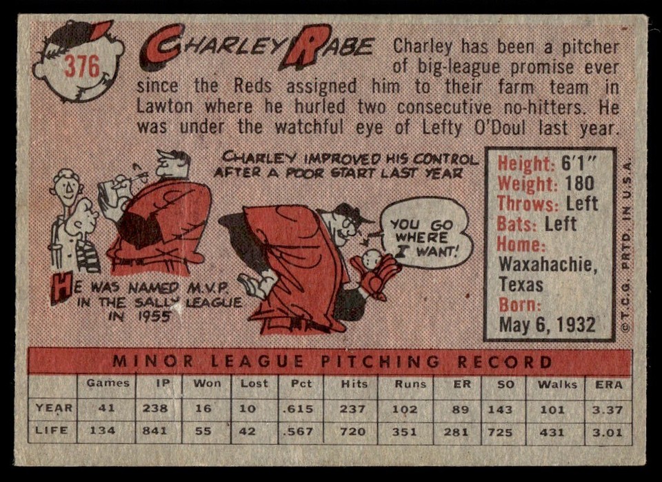 1958 Topps Baseball Card Charley Rabe RC Cincinnati Reds #376 Good | eBay