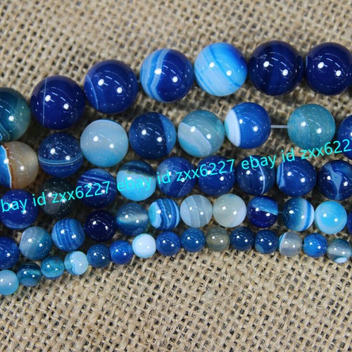 6/8/10/12mm Natural Blue Stripe Agate Onyx Gemstone Round Loose Beads ...