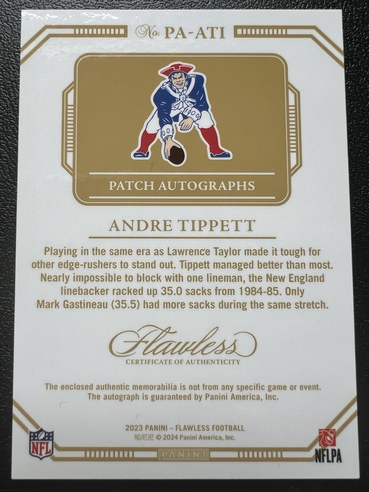 Andre Tippett 2023 Panini Flawless FOTL Gold Patch On-Card Auto 4/6! | eBay