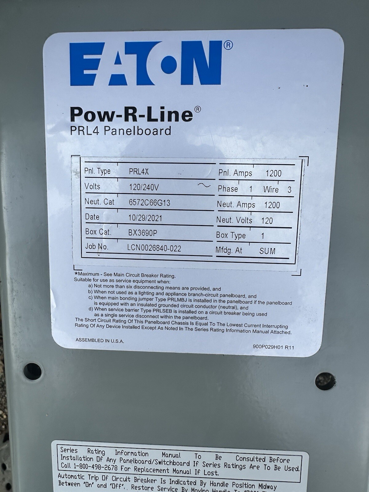 Eaton PRL4X Panelboard - 1200A/240v/1P3W MAIN BREAKER PANEL BOARD | eBay