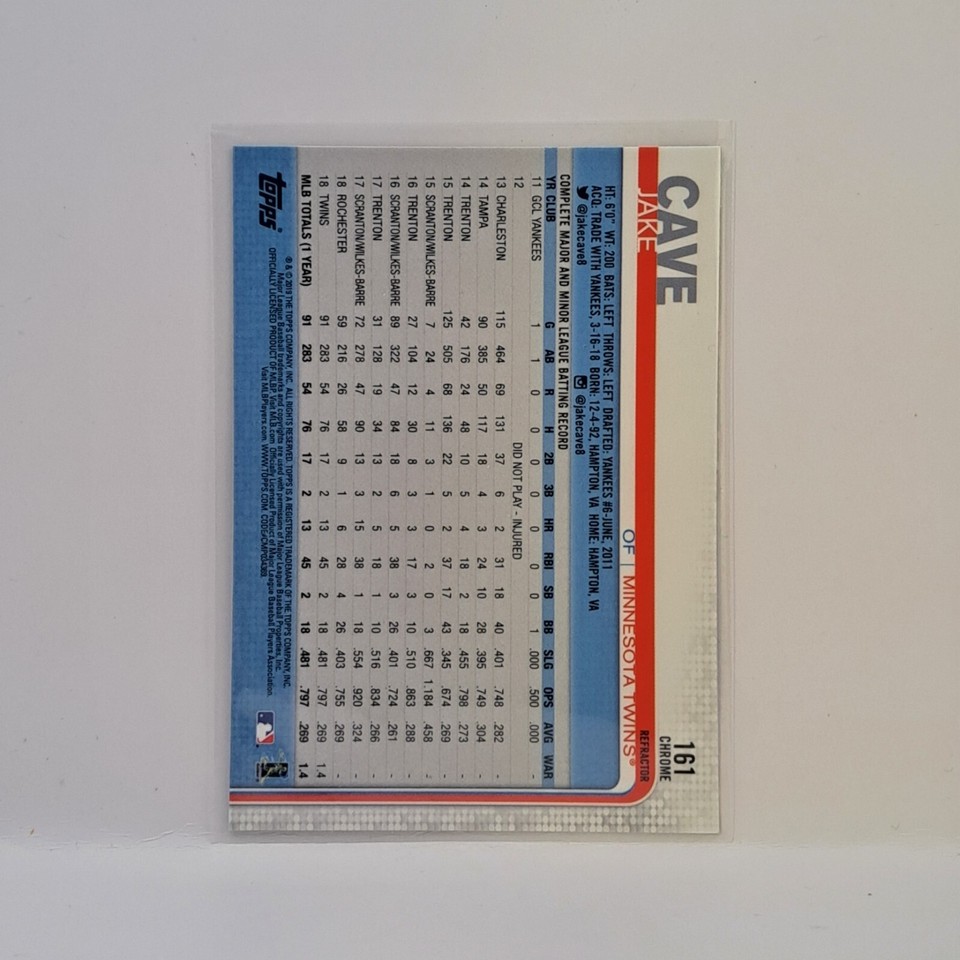 Jake Cave ~ ROOKIE CARD 2019 Topps Chrome #161 Refractor Minnesota ...