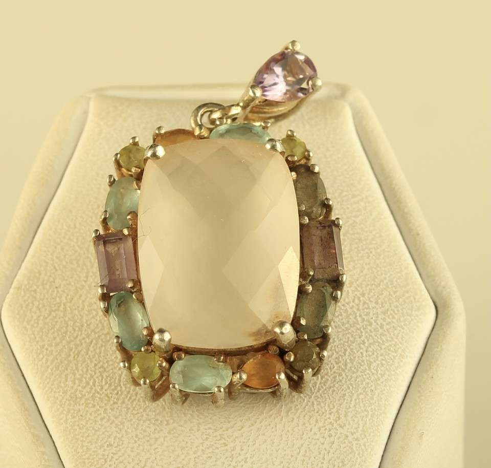 Vintage Sterling Silver Handmade Inlay Multi Stone Square Rose Quartz ...