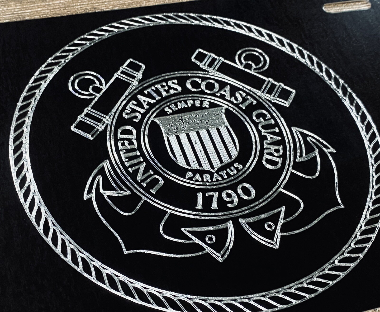 ENGRAVED US Coast Guard USCG Car Tag Diamond Etched Black Metal License ...