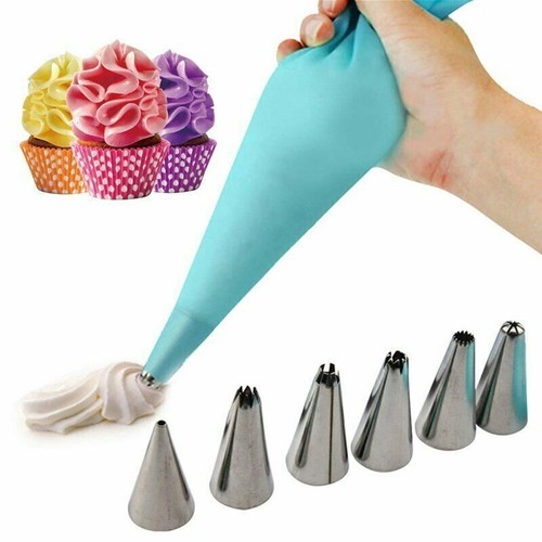 Kitchen Accessories Icing Piping Cream Pastry Bag + 6 Stainless Cake ...
